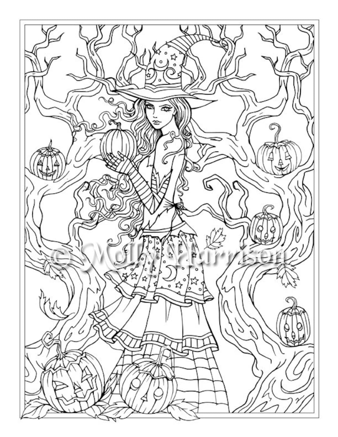 Witch Holding Pumpkin Instant Download Printable Halloween Line Art ...