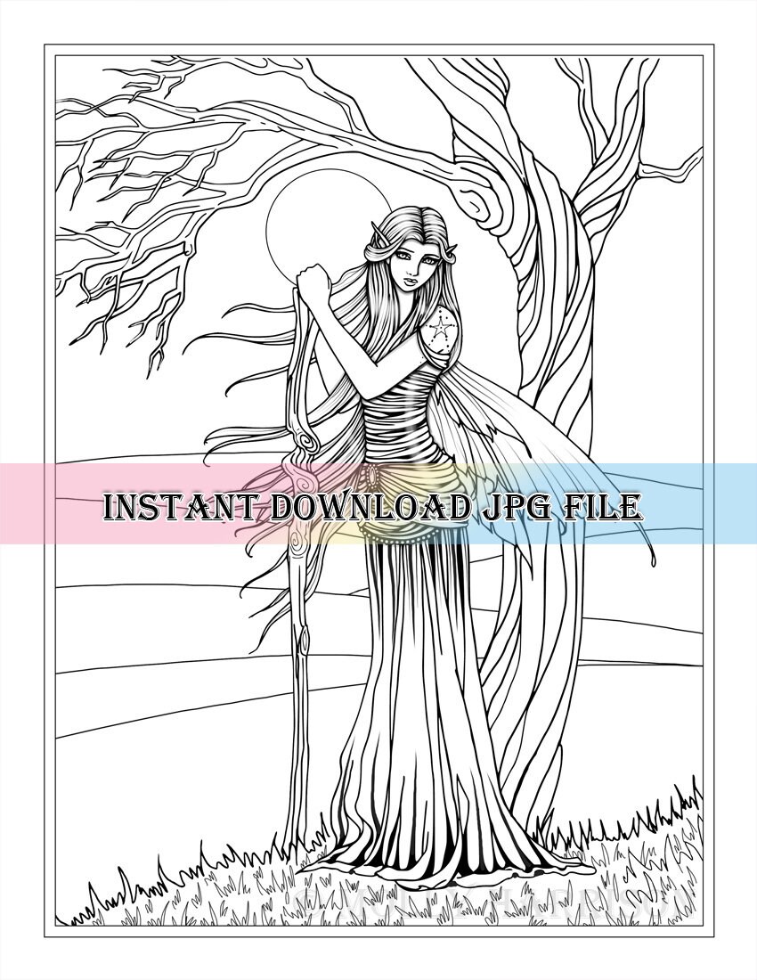 Emerald Moon Fairy Digital Stamp Printable Fairy Art | Etsy