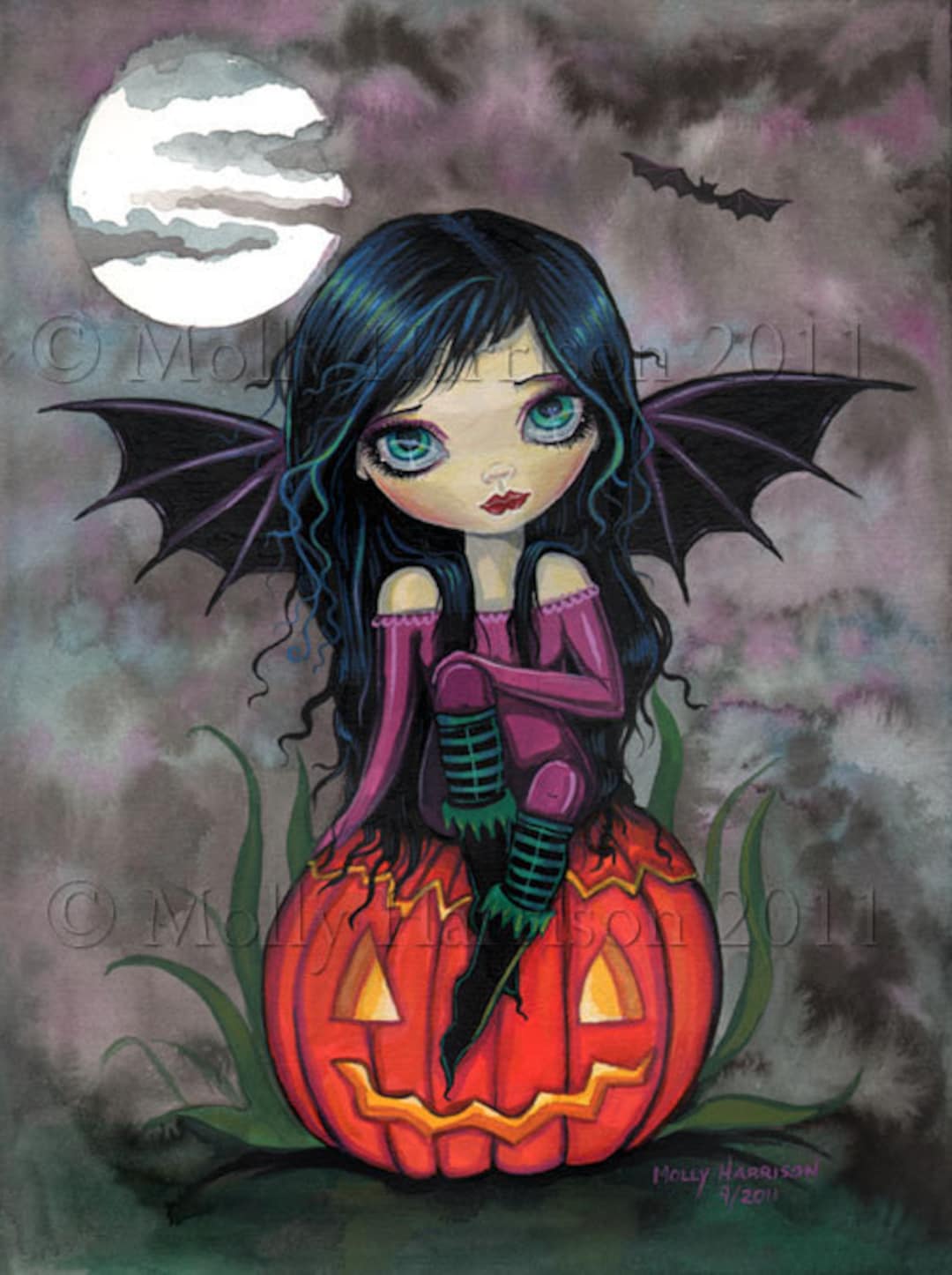Pumpkin Pixie Big Eye Vampire With Jack-o-lantern Fine Art Giclee Print ...