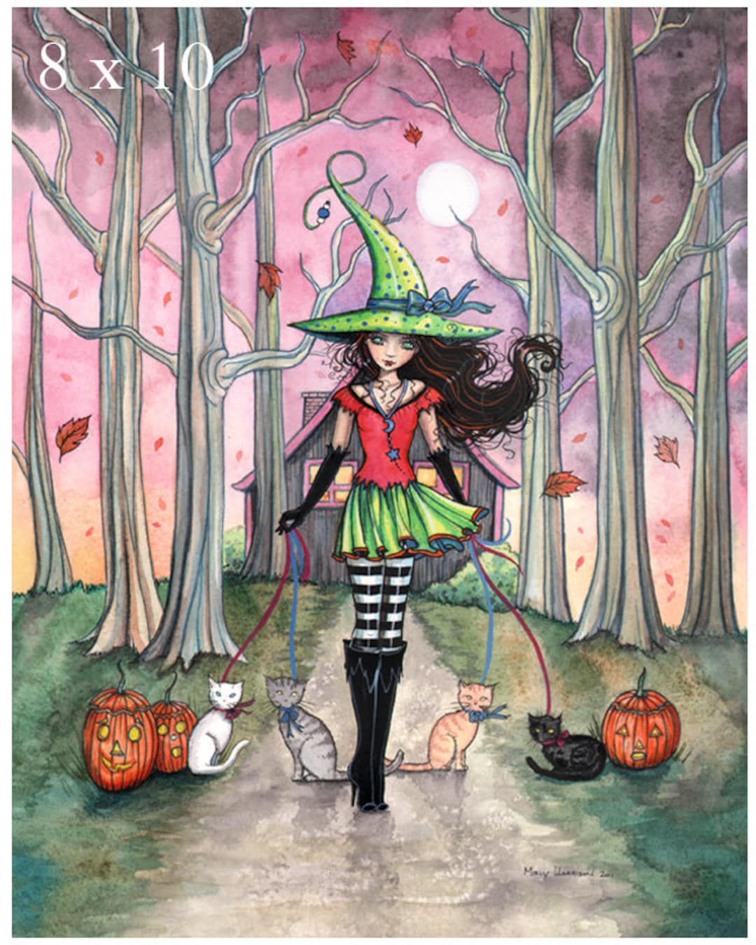 Witch Art Print - Walking the Cats - Fantasy Halloween Witch and Cats ...