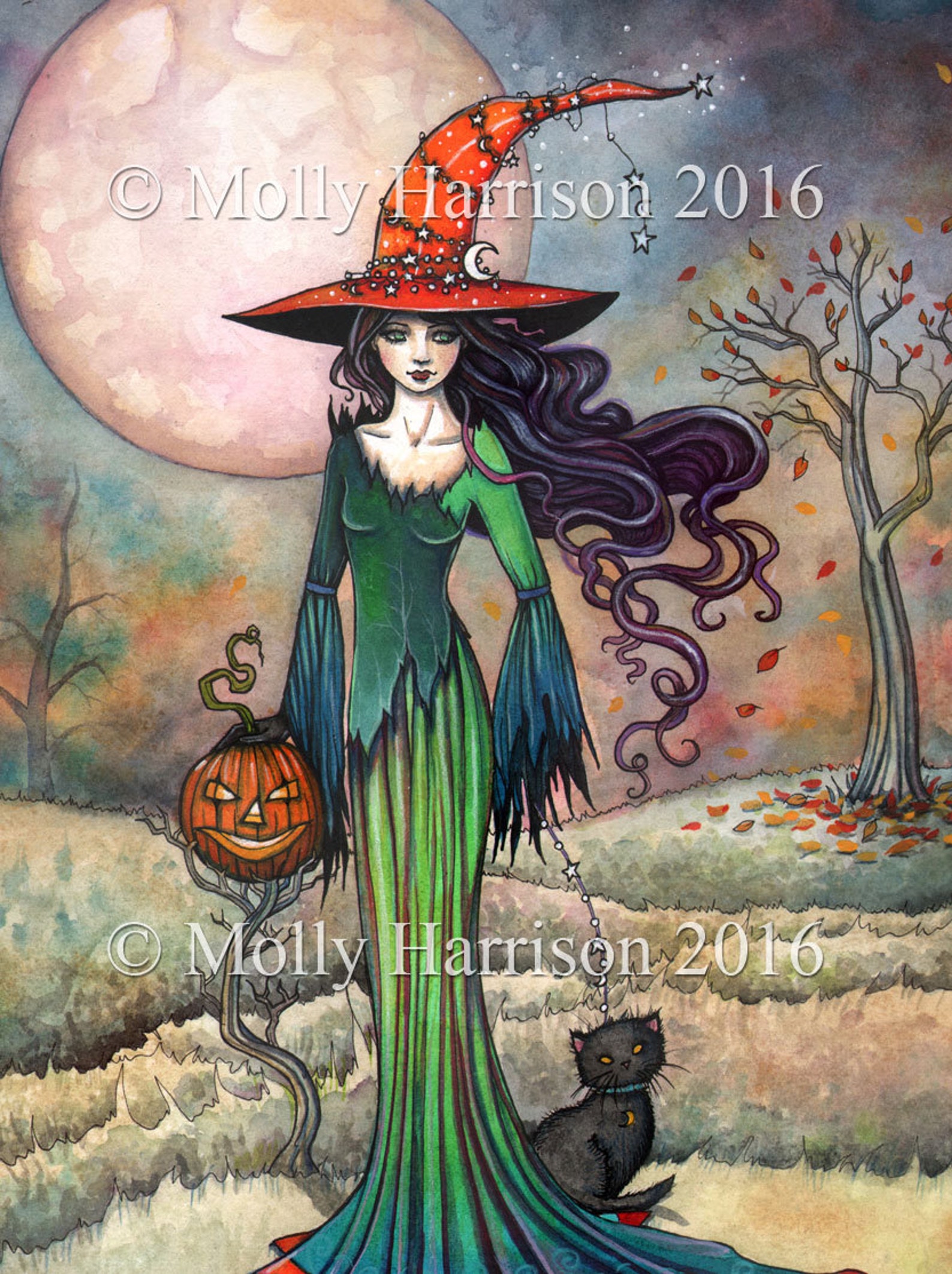 Halloween Witch and Cat Art Print Valley Moon Fantasy Art | Etsy