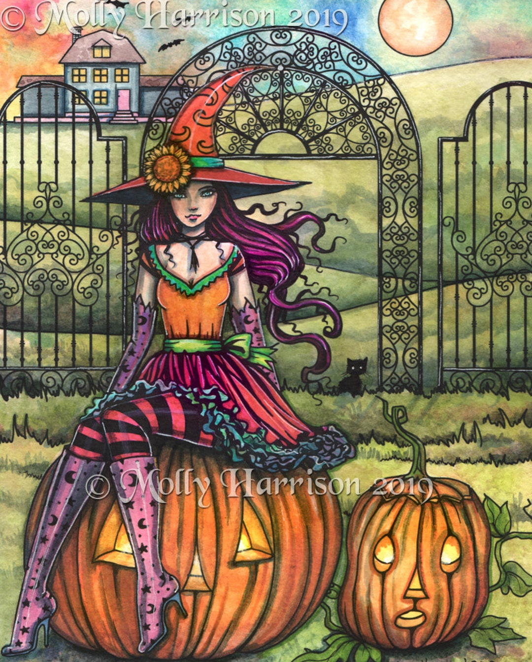 Witch and Black Cat Halloween Art Print – Fantasy Painting - Etsy