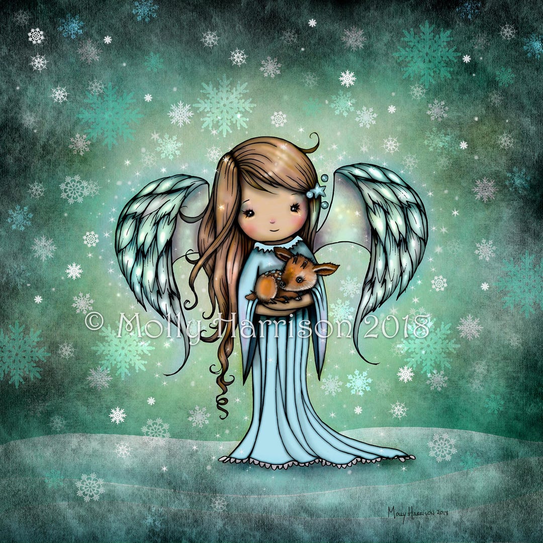 Whimsical Angel Holding Fawn - Cute Angel and Deer Print by Molly ...