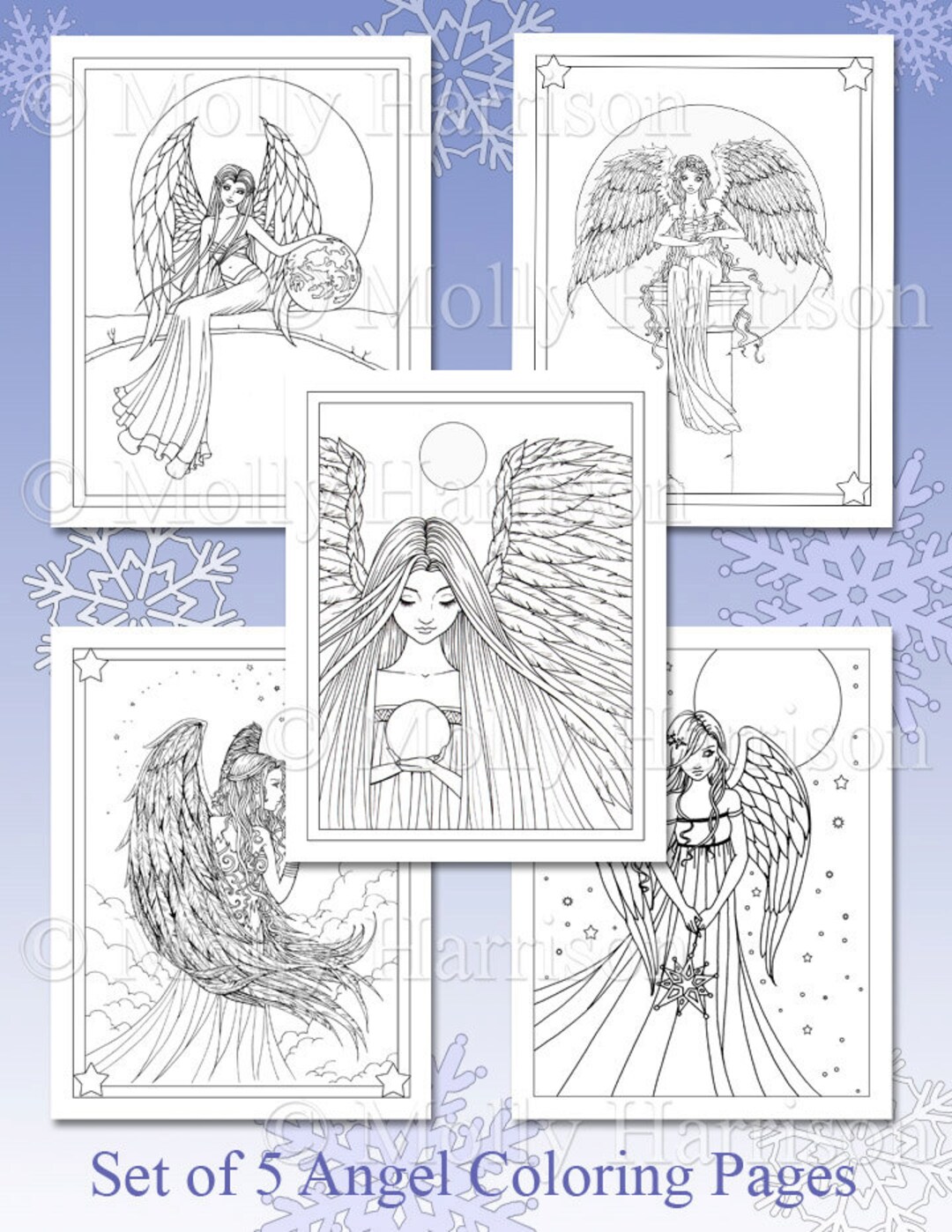 Set of 5 Angels Fantasy Art Printable Instant Download Adult Coloring ...
