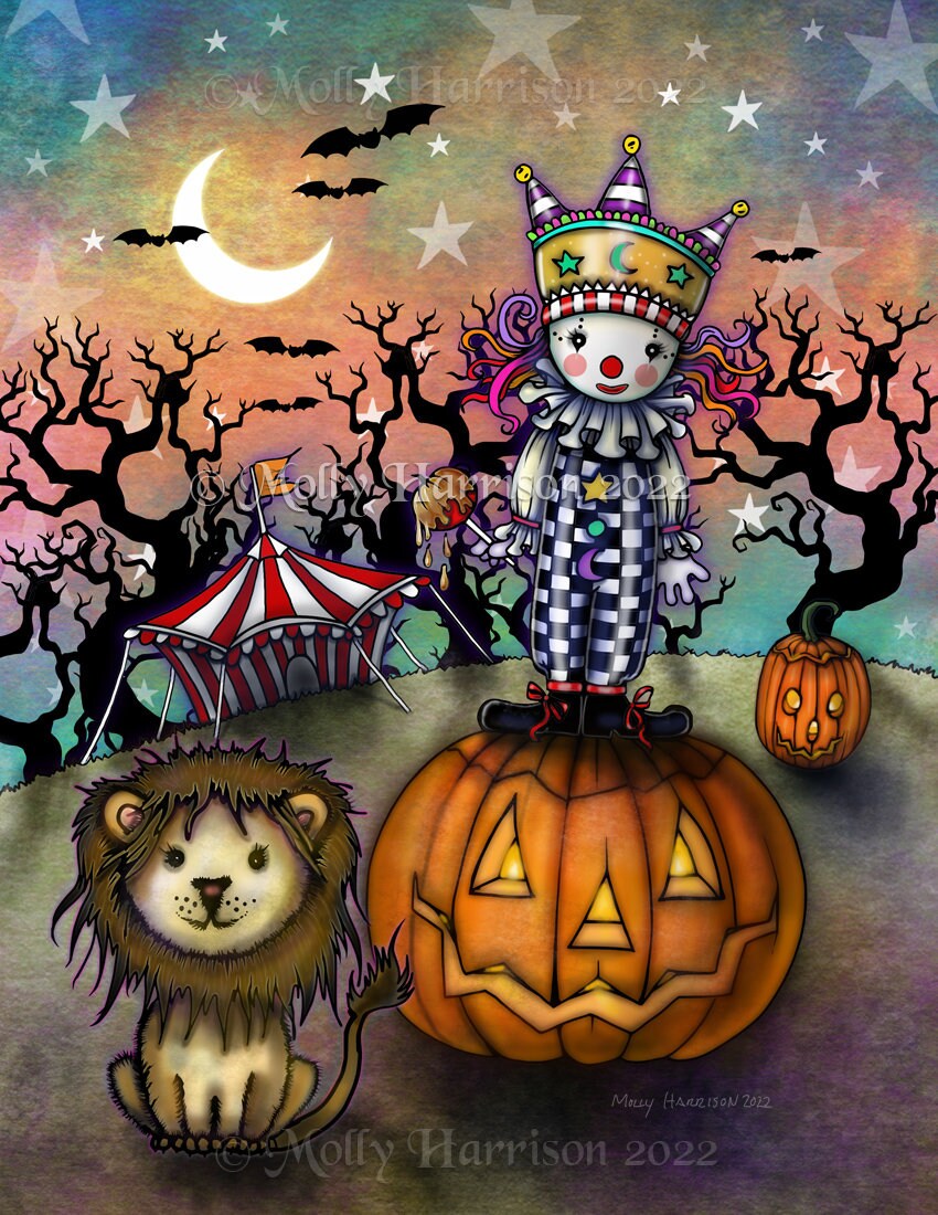The Clown and the Lion Circus Tent on Halloween Night Archival Art ...