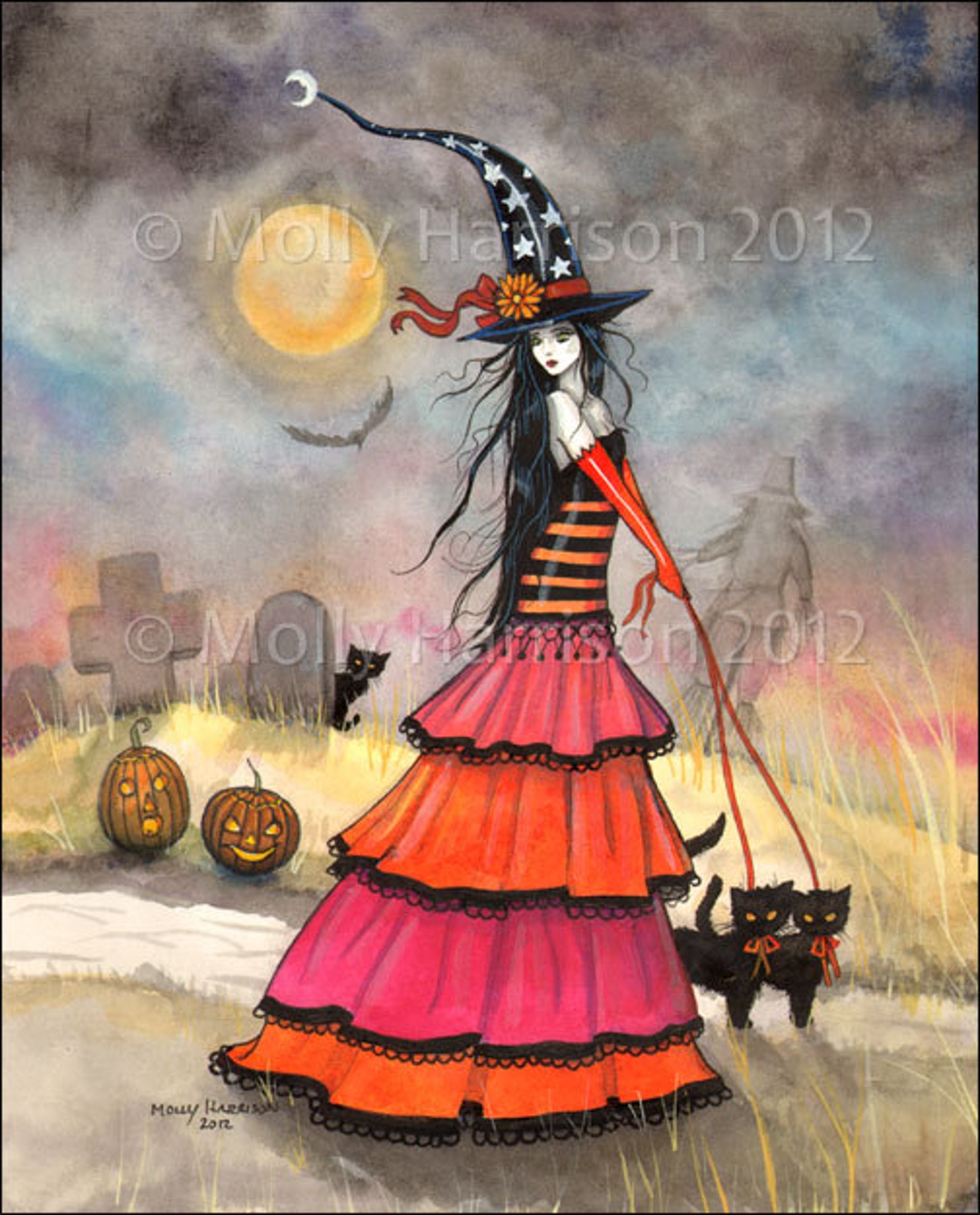 Halloween Witch and Cats Art Print A Halloween Stroll | Etsy