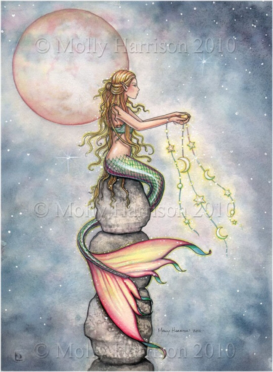 Mermaid Art Print - Starfilled Sky - Archival Fine Art on Watercolor ...