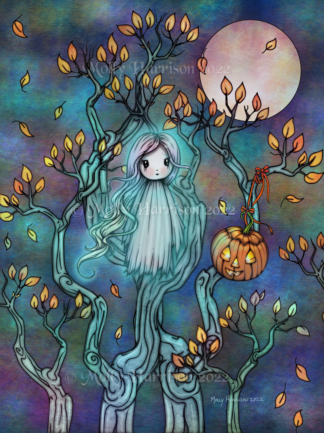 The Little Ghost in the Tree Print- Cute Ghost With Jack-o-lantern ...