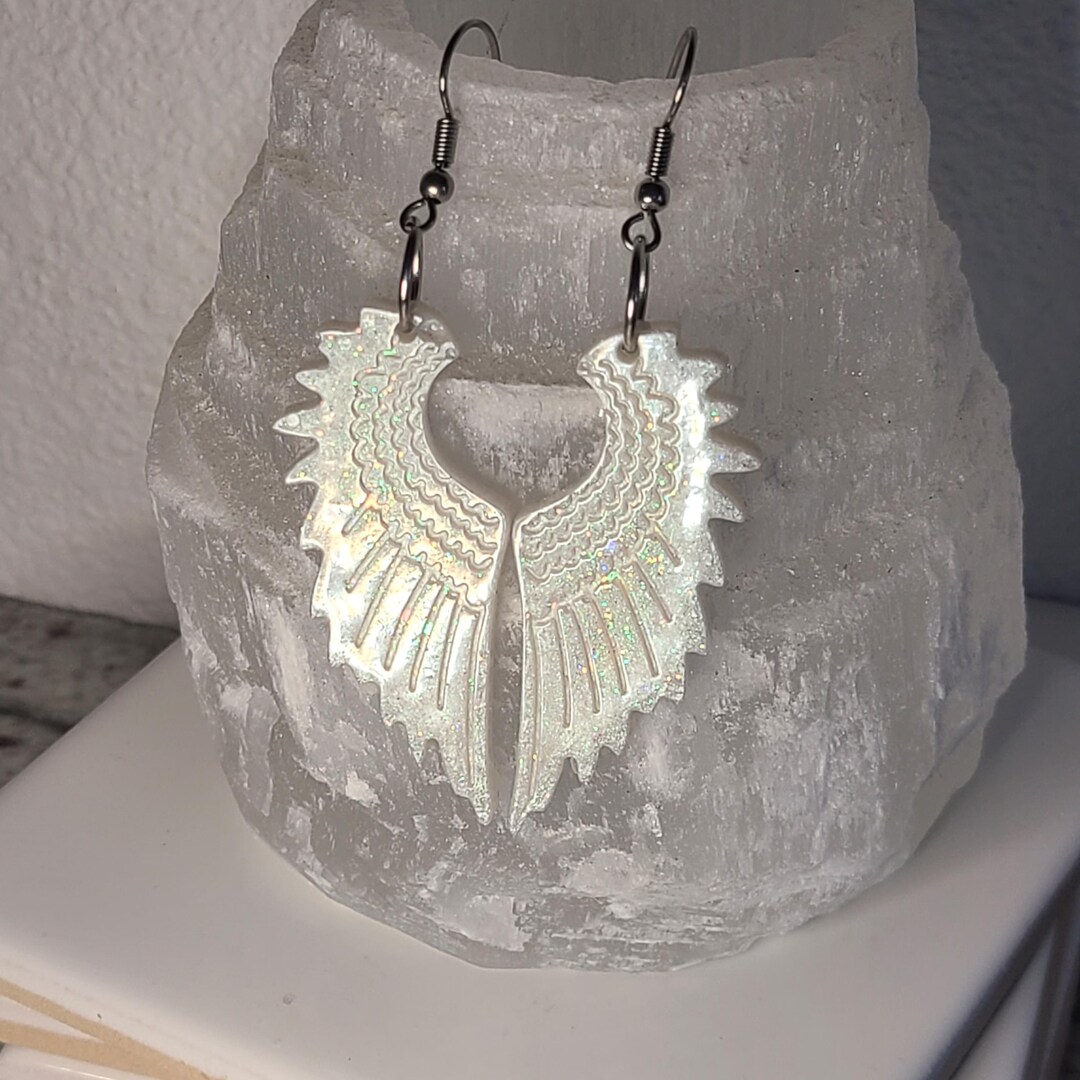Pretty Ivory Iridescent Sparkly Angel Wing Earrings - Handmade Resin ...