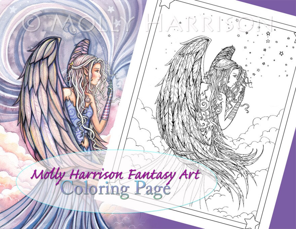 Angel Coloring Page Fantasy Art Illustration Printable - Etsy