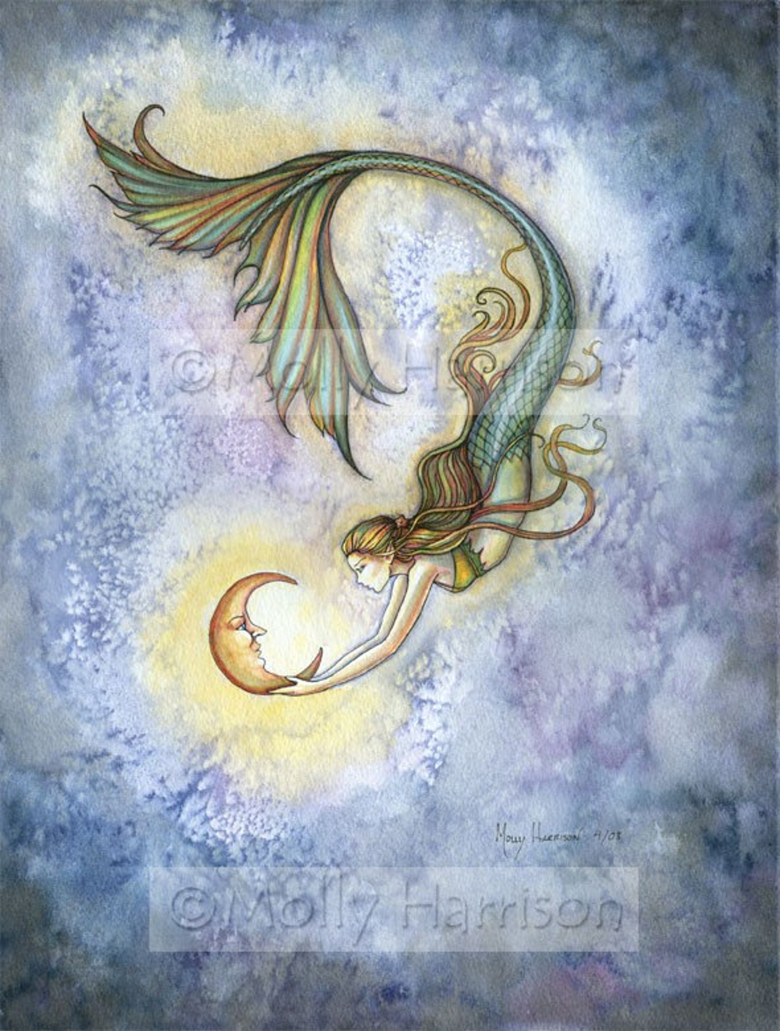Mermaid Art Print - Deep Sea Moon - Watercolor Fantasy Art by Molly ...