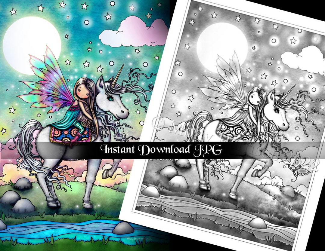 Whimsical Fairy and Unicorn Coloring Page Grayscale Printable Coloring ...