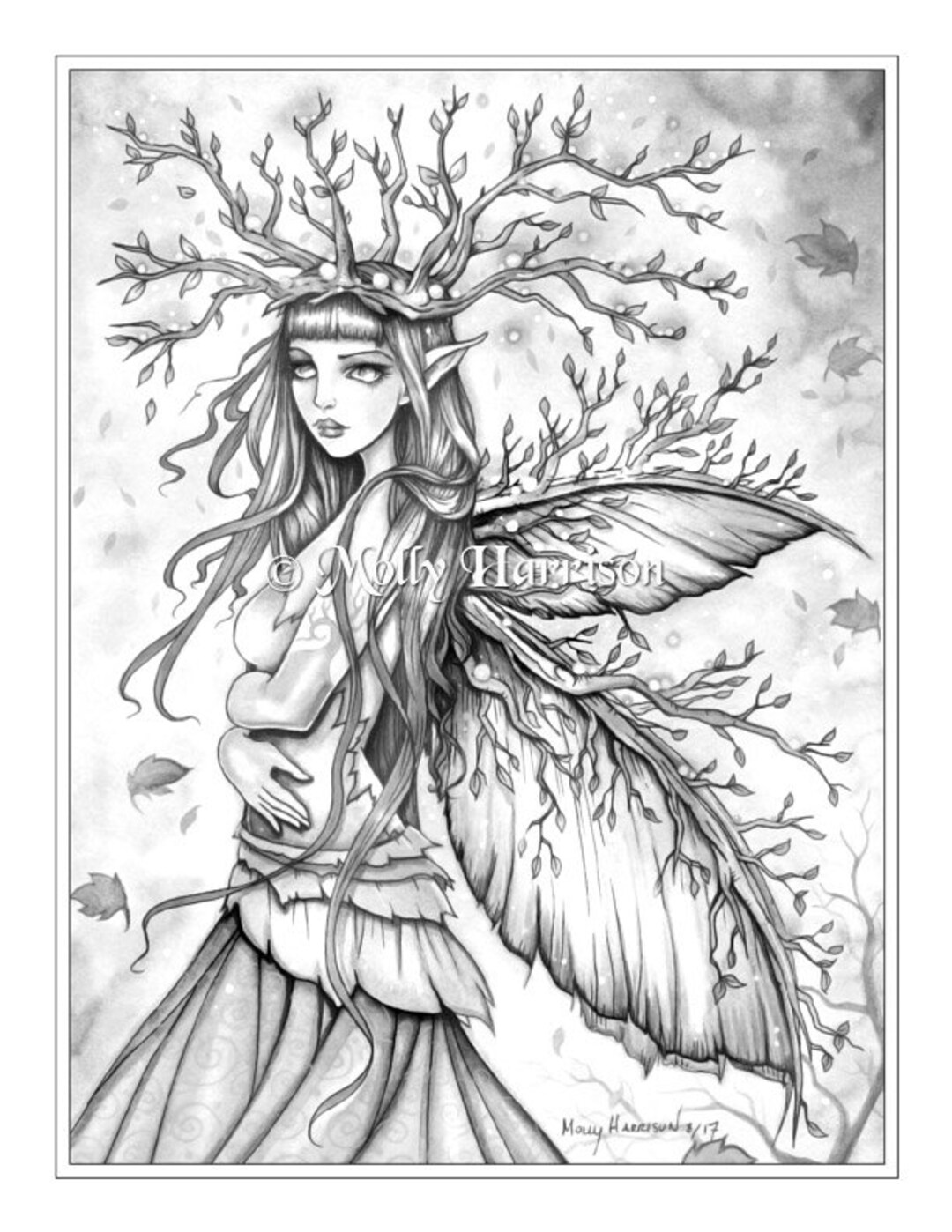 Autumn Queen Fairy Instant Download Grayscale Printable Coloring Page ...