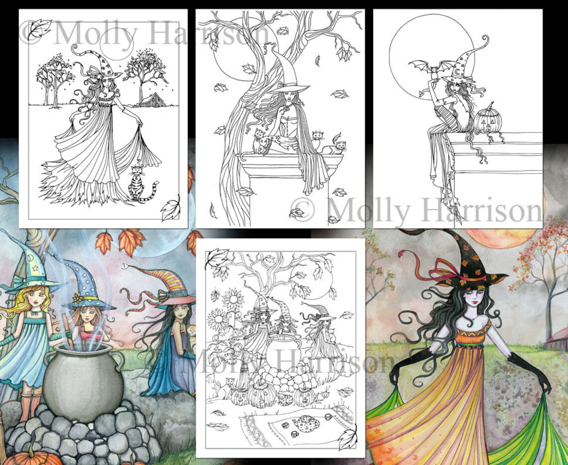 PRINTABLE 4 Halloween Witch Cat Coloring Pages Molly - Etsy