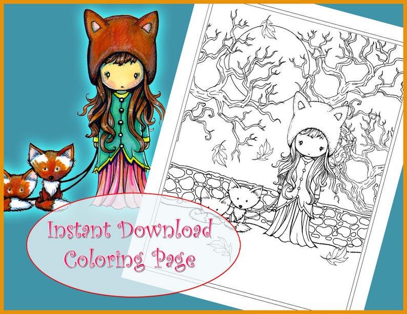 Fox Girl Printable Coloring Page Whimsical Girl with Foxes | Etsy