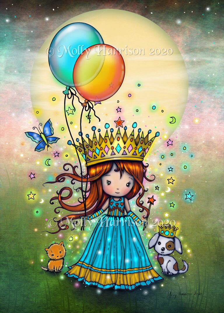 Little Princess - Cute Little Princess With Balloons, Puppy and Kitten ...