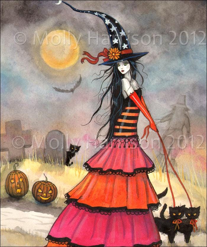 Halloween Witch and Cats Art Print - A Halloween Stroll Fantasy Art ...