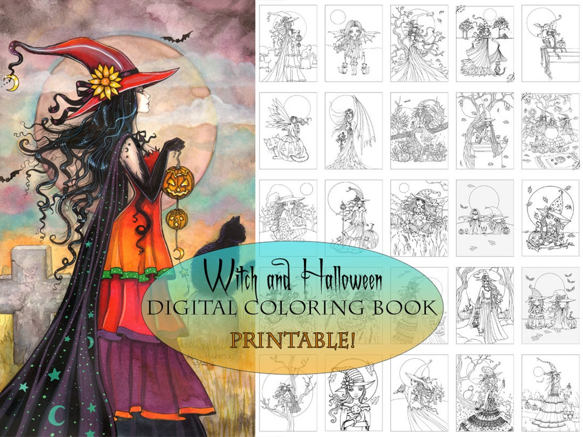 Witch and Halloween Coloring Book PRINTABLE Instant - Etsy