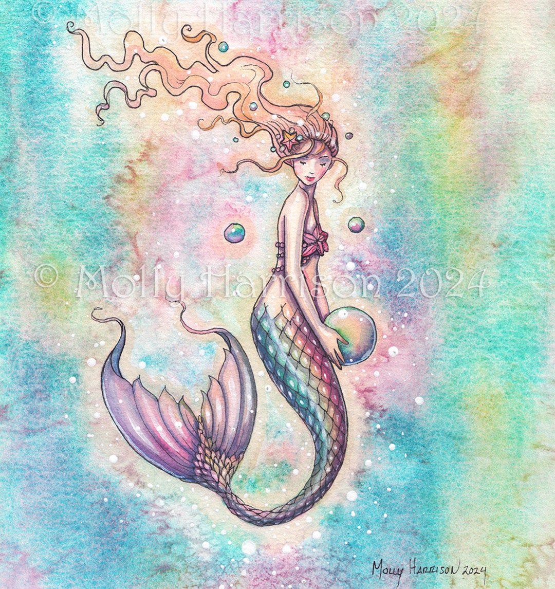 Rainbow Mermaid - Archival Art Print of Watercolor Painting by Molly ...