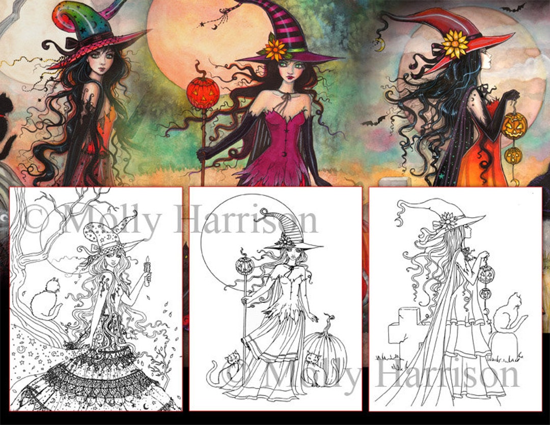PRINTABLE Special Price Set of 3 Halloween Witch and Cat Coloring Pages ...