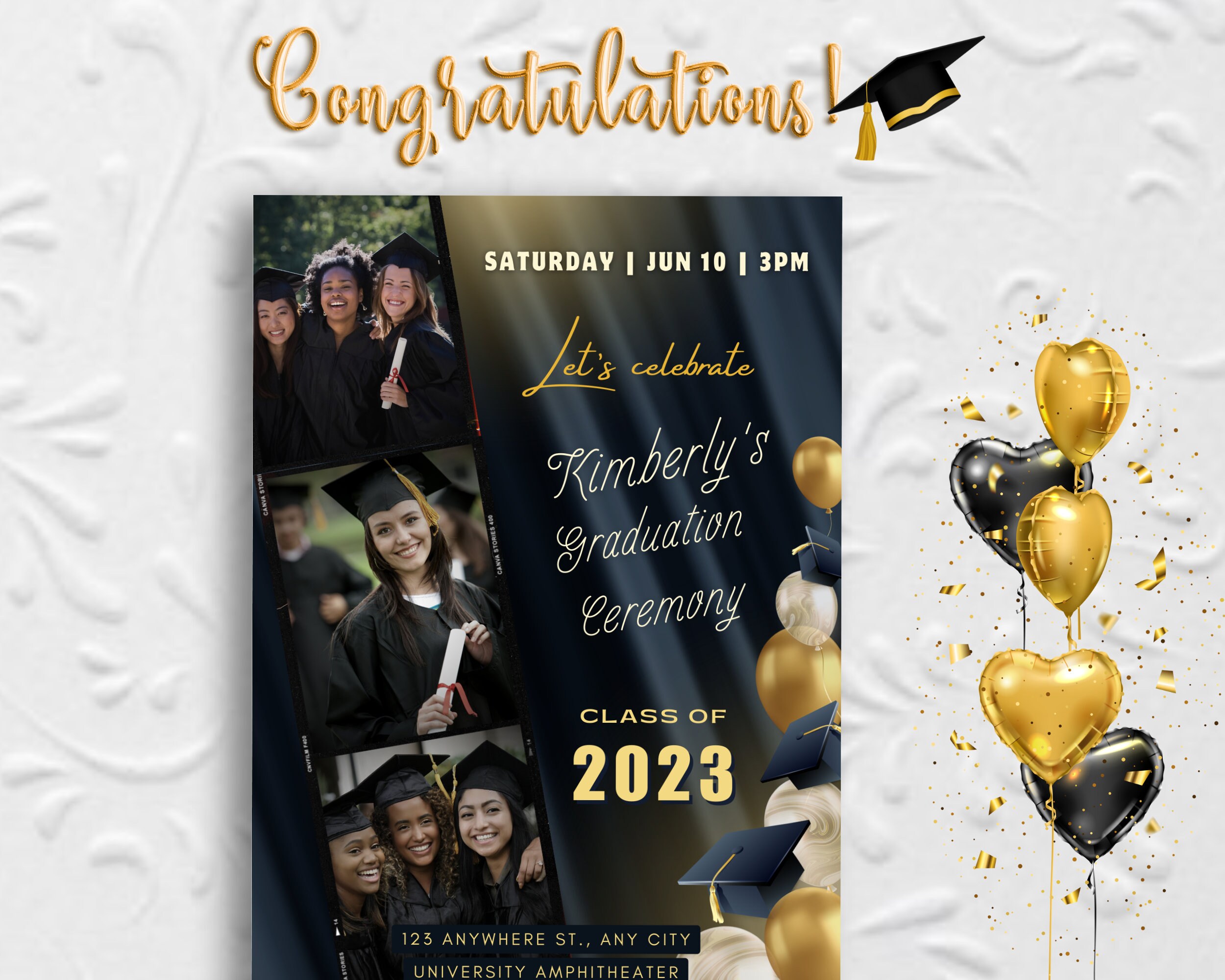 Black and Gold Photo Graduation Announcement, Personalized Grad Card ...