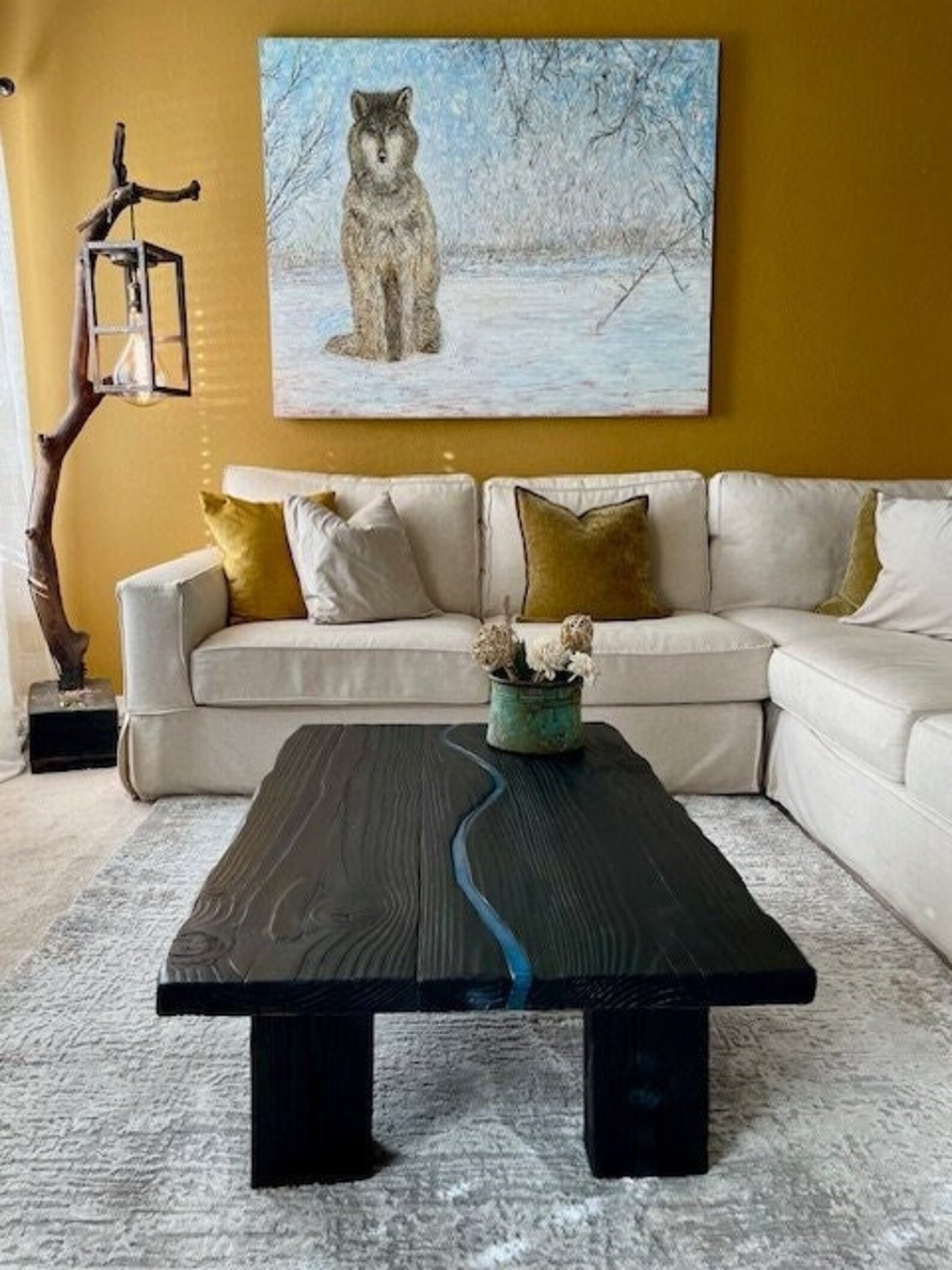 Rustic Faux Live Edge Coffee Table With Dark Finish, Blue Epoxy River ...