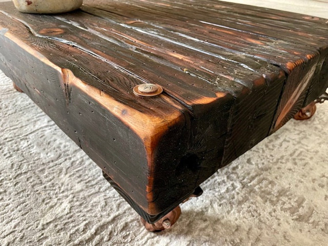 Rustic Reclaimed Coffee Table on Wheels, Rectangular Redwood Table With ...