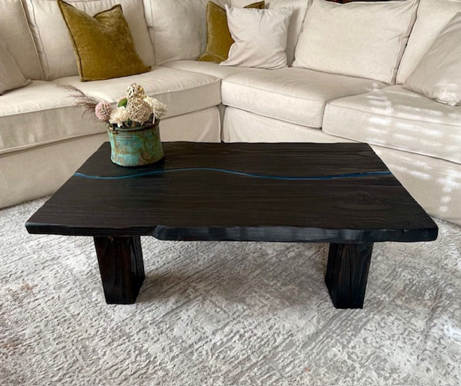 Rustic Faux Live Edge Coffee Table With Dark Finish, Blue Epoxy River ...