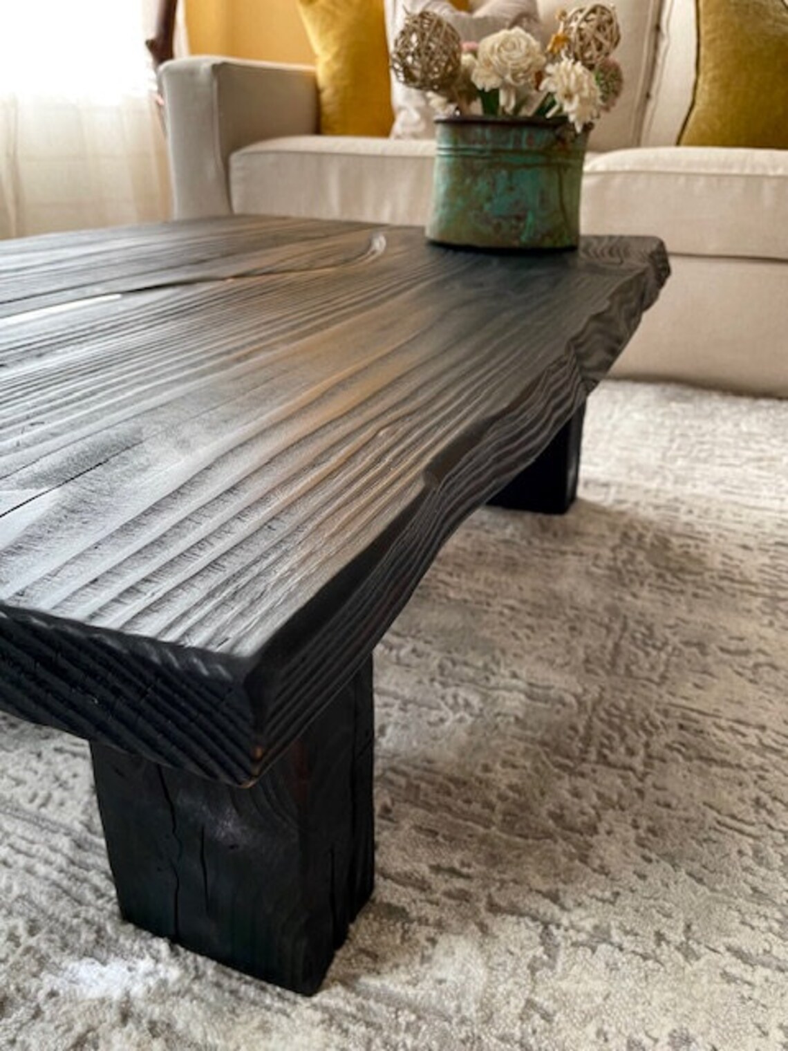 Rustic Faux Live Edge Coffee Table With Dark Finish, Blue Epoxy River ...