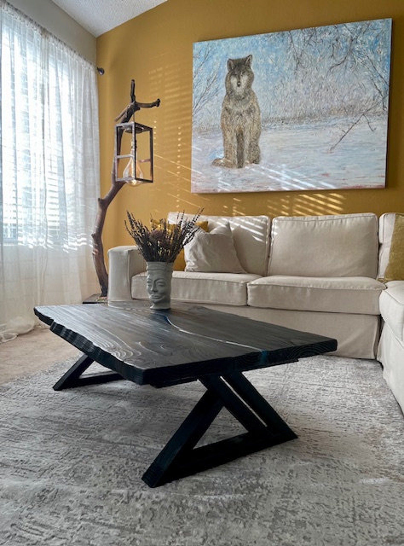 Rustic Faux Live Edge Coffee Table With Dark Finish, Blue Epoxy River ...