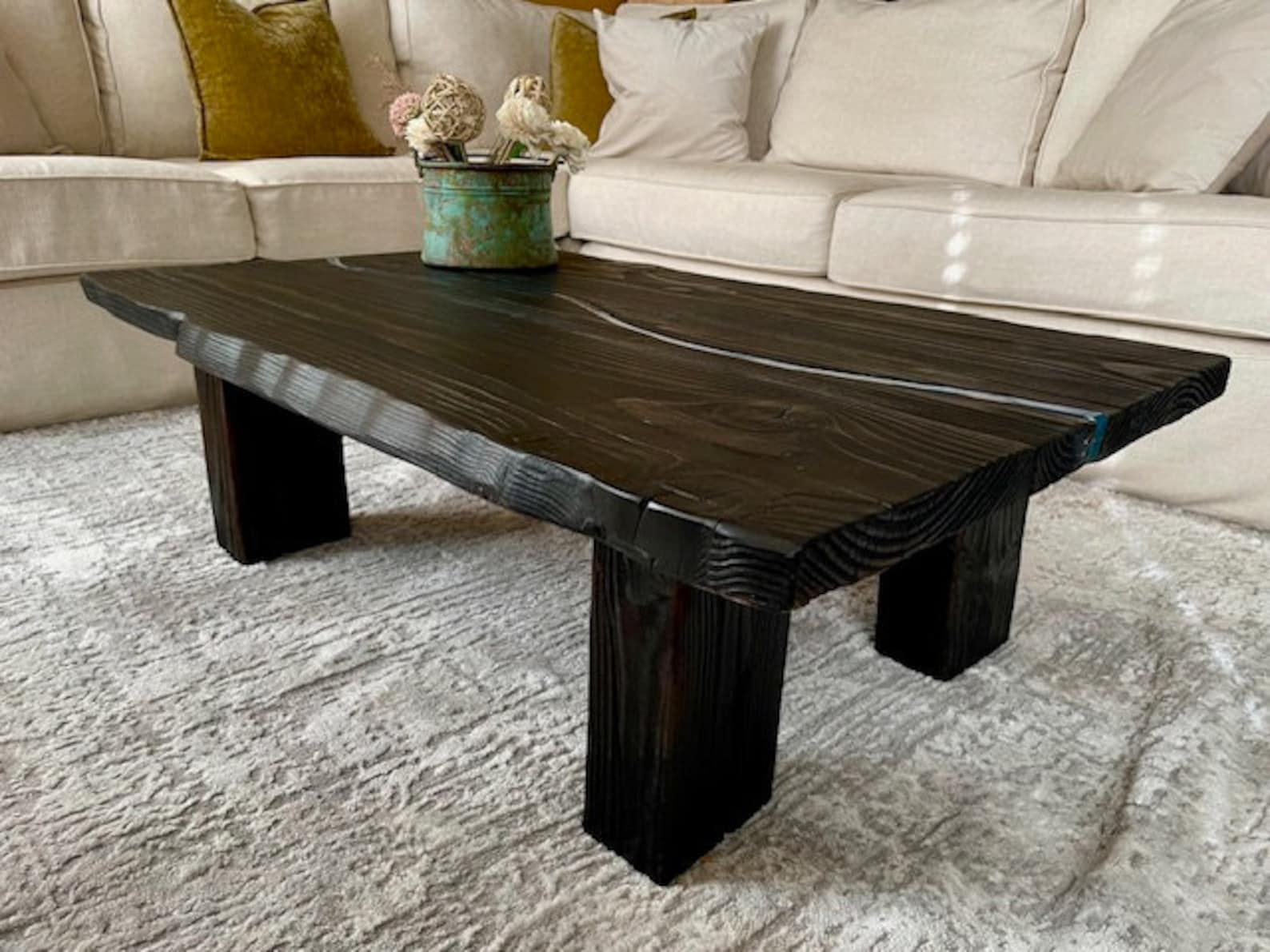 Rustic Faux Live Edge Coffee Table With Dark Finish, Blue Epoxy River ...