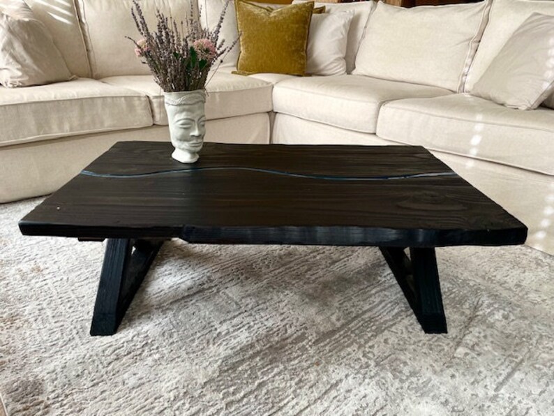 Rustic Faux Live Edge Coffee Table With Dark Finish, Blue Epoxy River ...