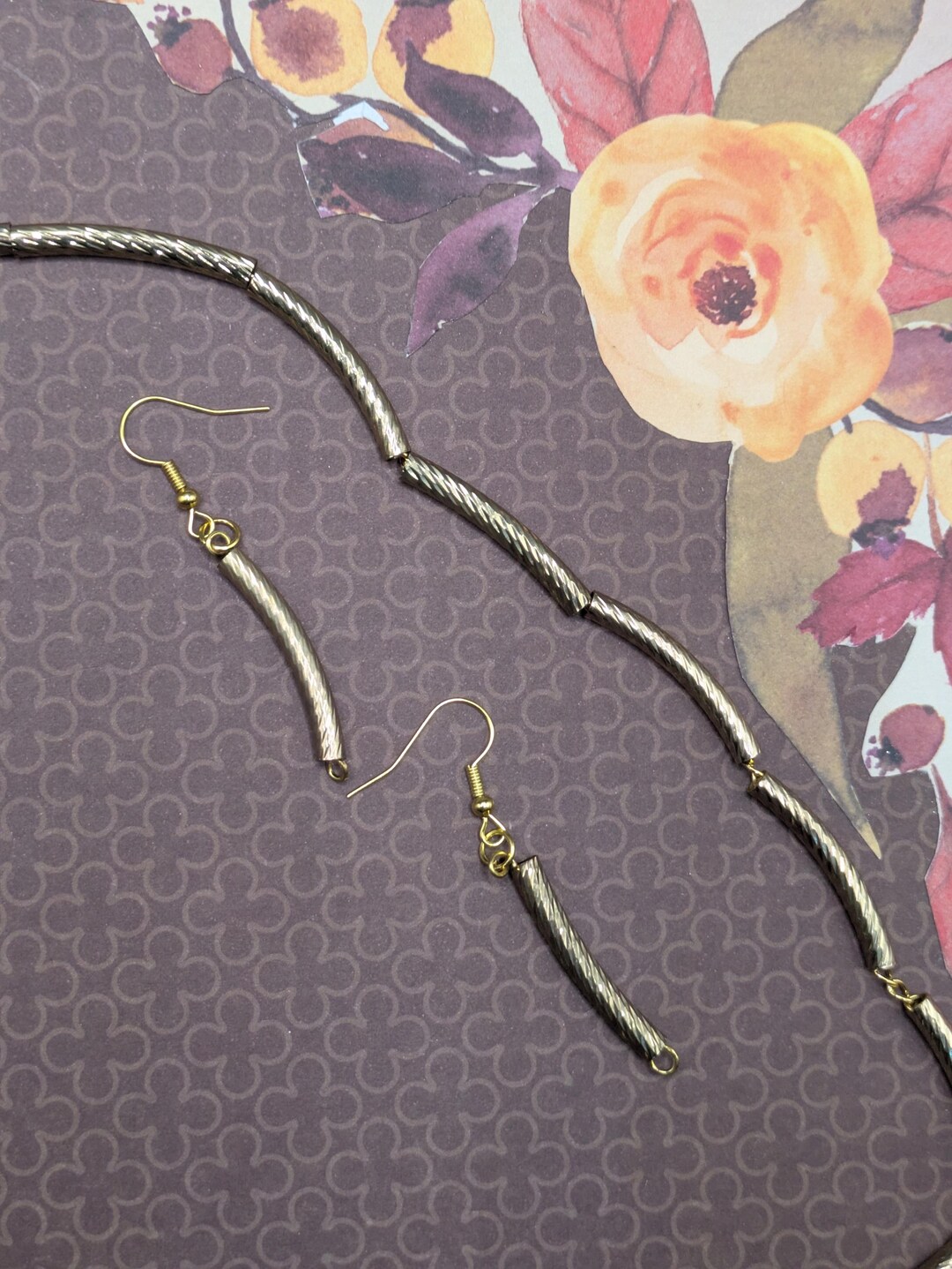Ribbed Golden Tube Beaded Necklace and Earring Set - Etsy