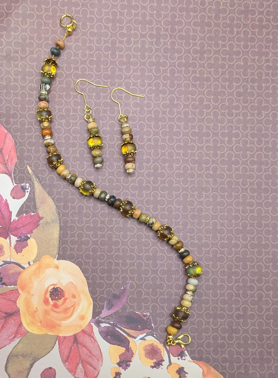 Picasso Jasper, Glass, Gold and Earth Tone Bracelet and Earring Set - Etsy