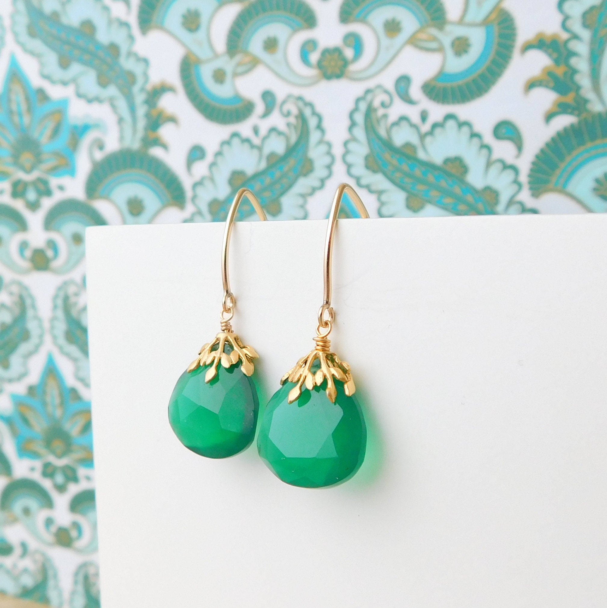 Emerald Green Drop Earrings, Emerald Green Onyx and Gold Dangle ...