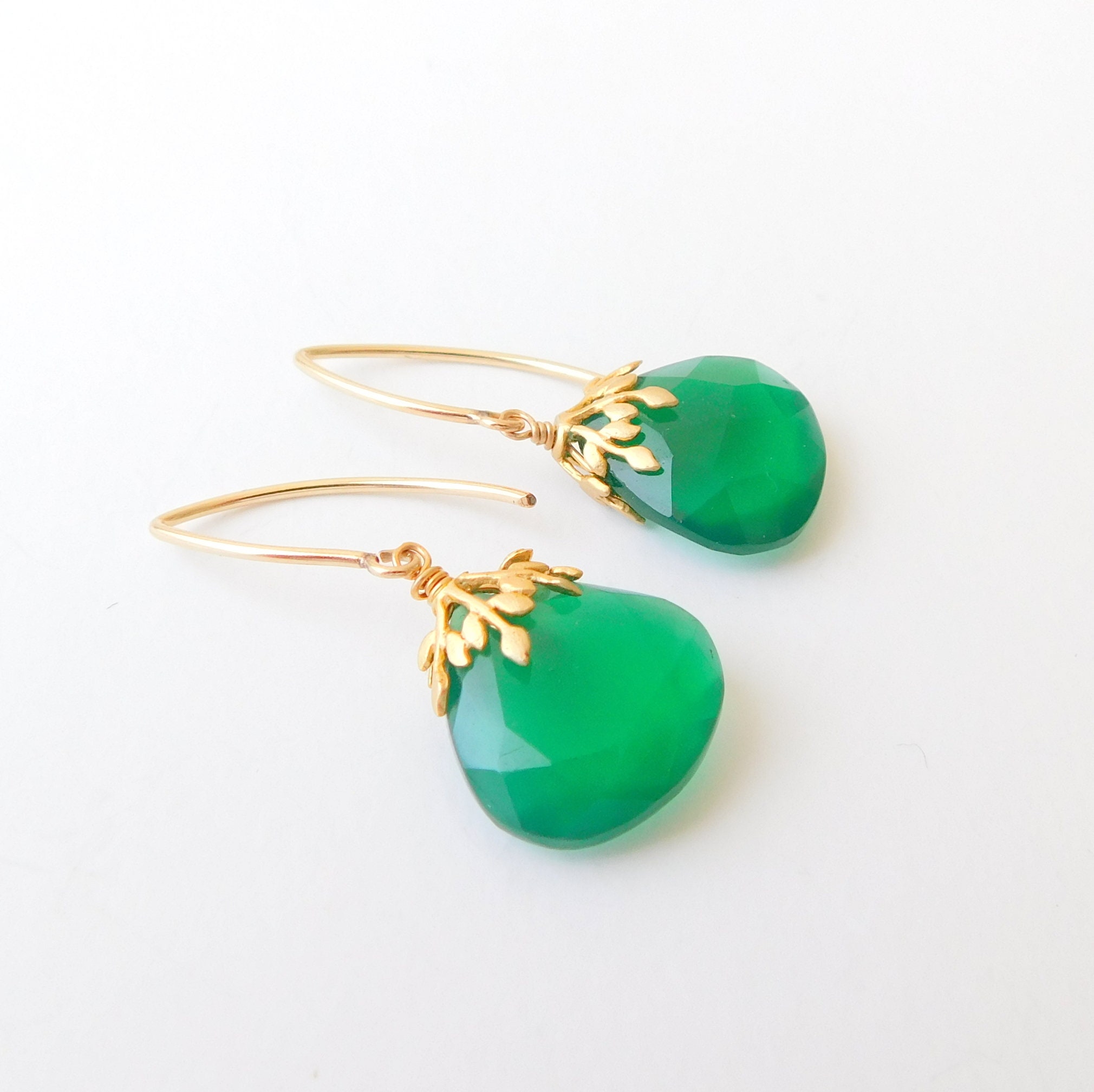 Emerald Green Drop Earrings, Emerald Green Onyx and Gold Dangle ...