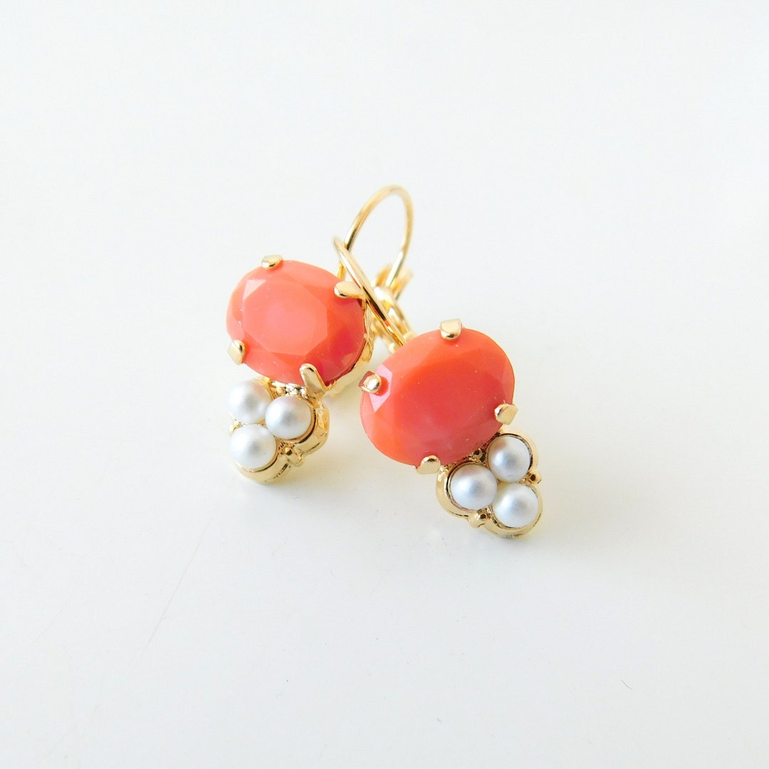Coral and Pearl Gold Leverback Earrings, Victorian Style Coral Earrings ...
