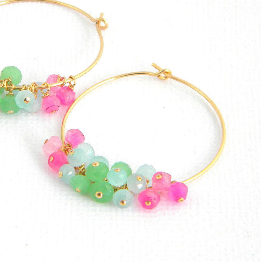 Gold Hoop Earrings With Pastel Semi Precious Beads, Chalcedony Earrings ...