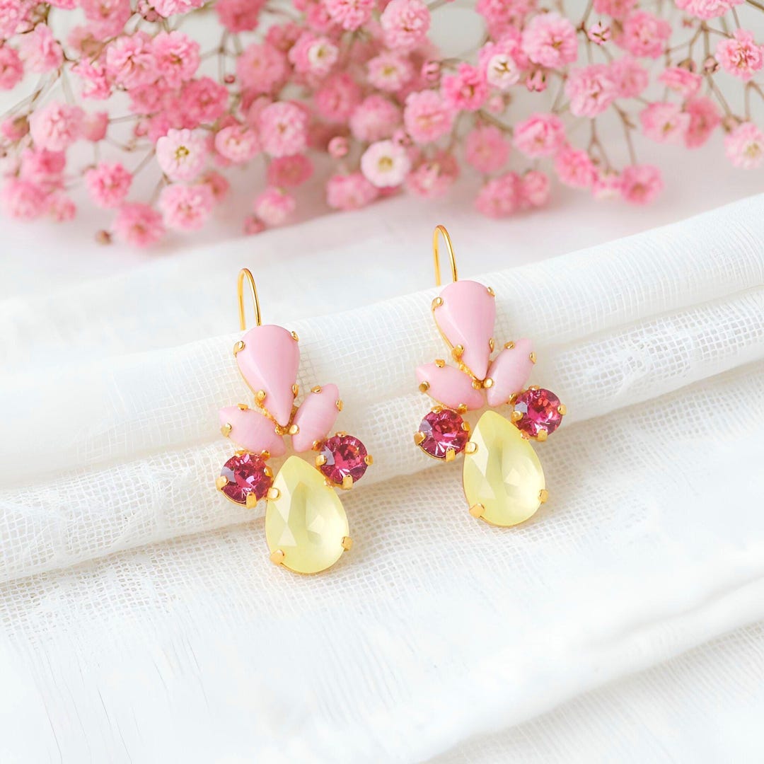 Pale Pink and Gold Earrings, Rose and Pastel Yellow Crystal With Lever ...