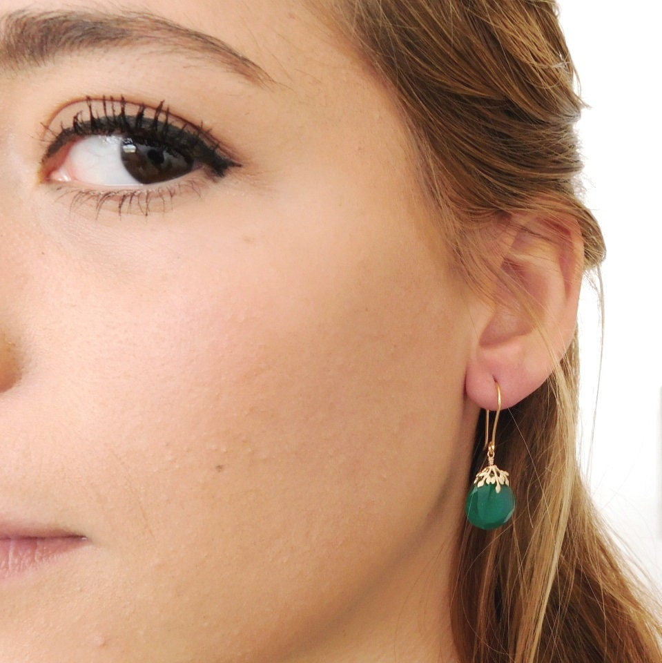 Emerald Green Drop Earrings, Emerald Green Onyx and Gold Dangle ...