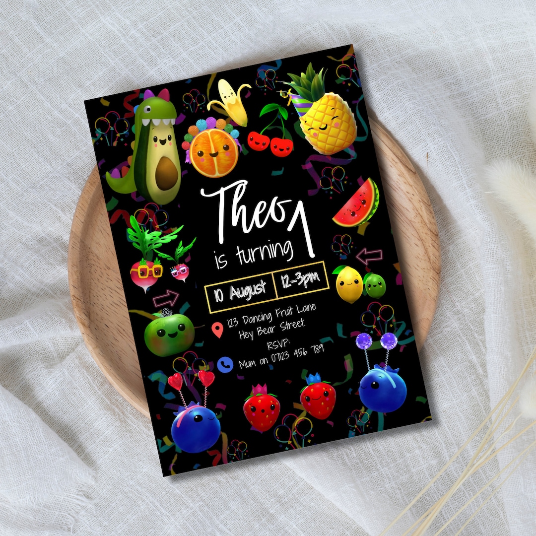 Invitación sensorial Hey Bear, invitación de cumpleaños de fruta ...