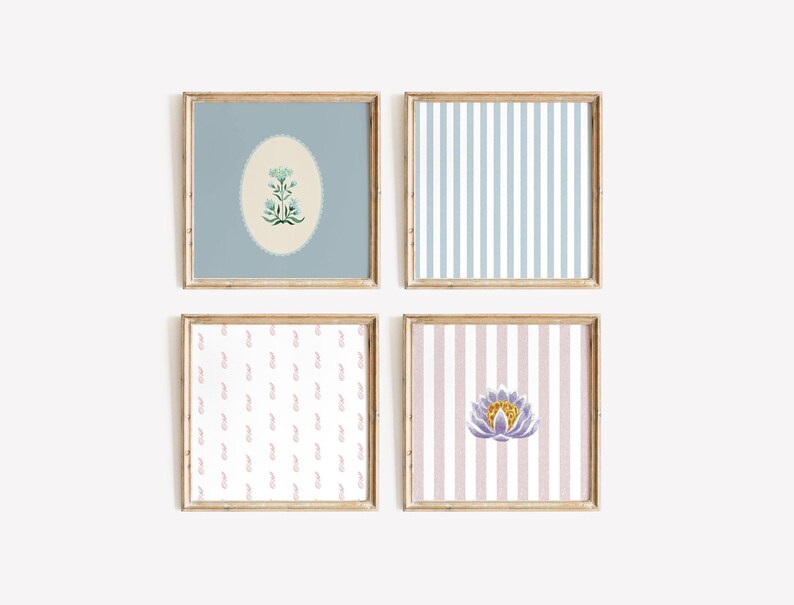 Set of 4 Pastel Pink and Blue Boho Wall Art, Contemporary Indian ...