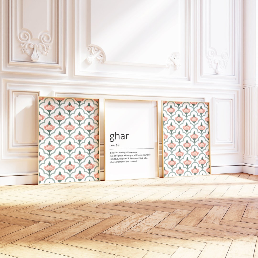 Ghar Home Definition Print, Punjabi, Hindi, Urdu Set of 3colourful Indian Floral Prints, Desi ...
