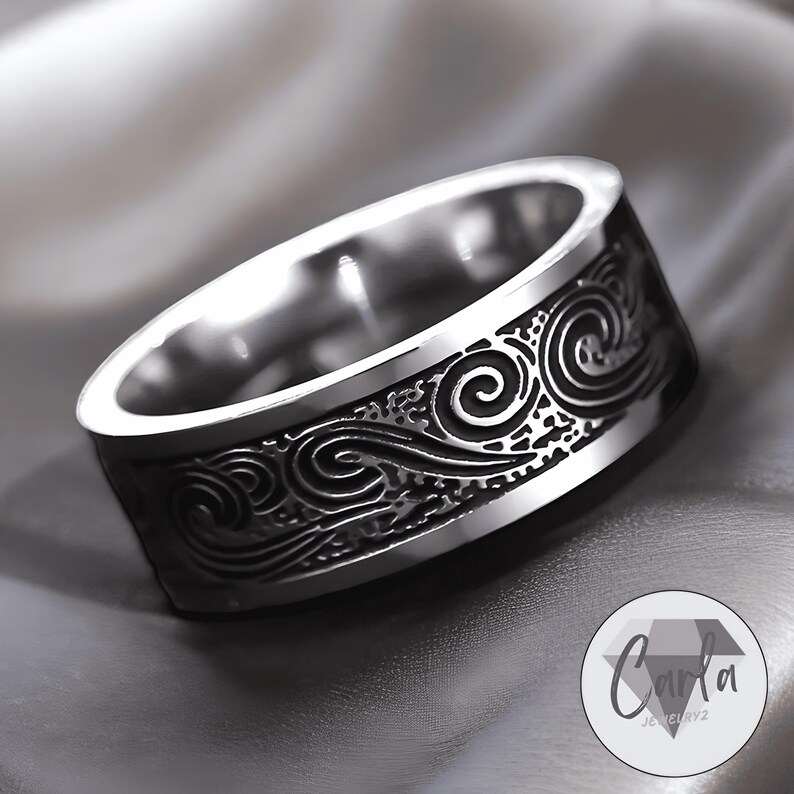 Silver Men's Band Wave Pattern Titanium Steel Ring, Geometric Style Men ...