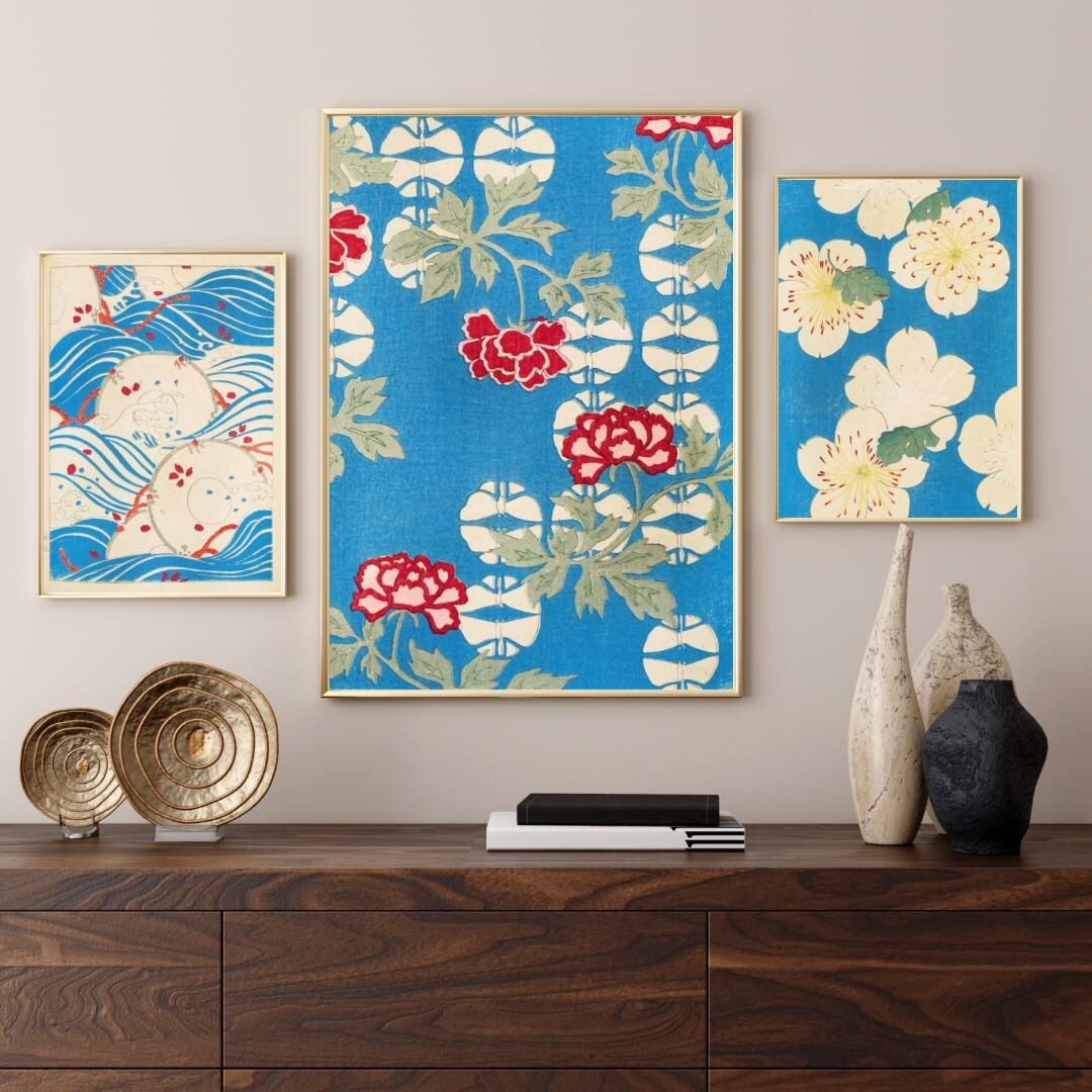 Japanese Indigo Wall Set, Floral and Wave Pattern Prints, Vintage ...
