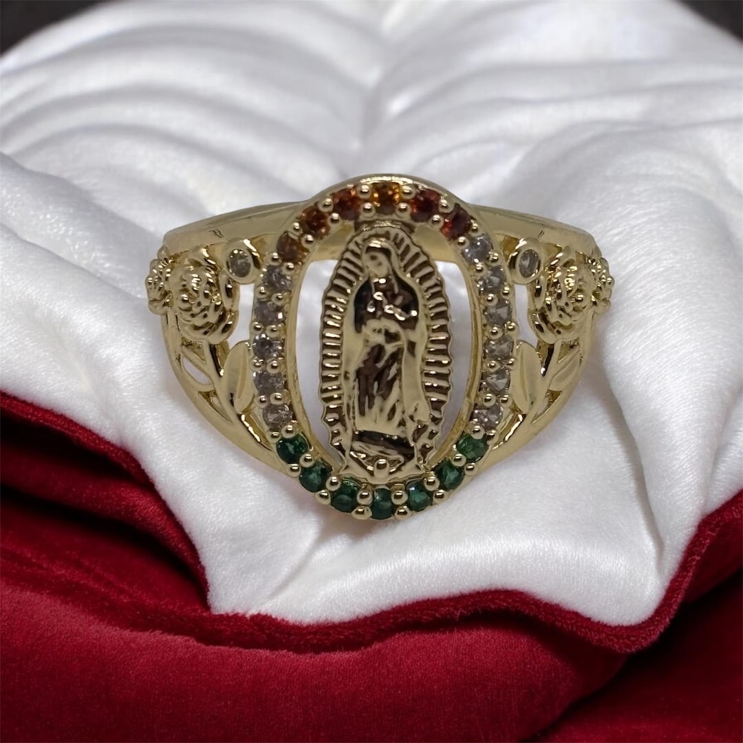 14K Gold Plated Virgen De Guadalupe CZ Ring - Anillo De La Virgen De ...