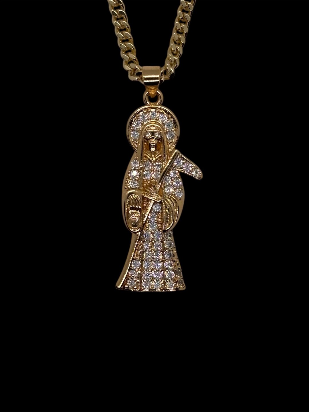 14k Gold Plated Santa Muerte Necklace With CZ – Grim Reaper Chain - Etsy