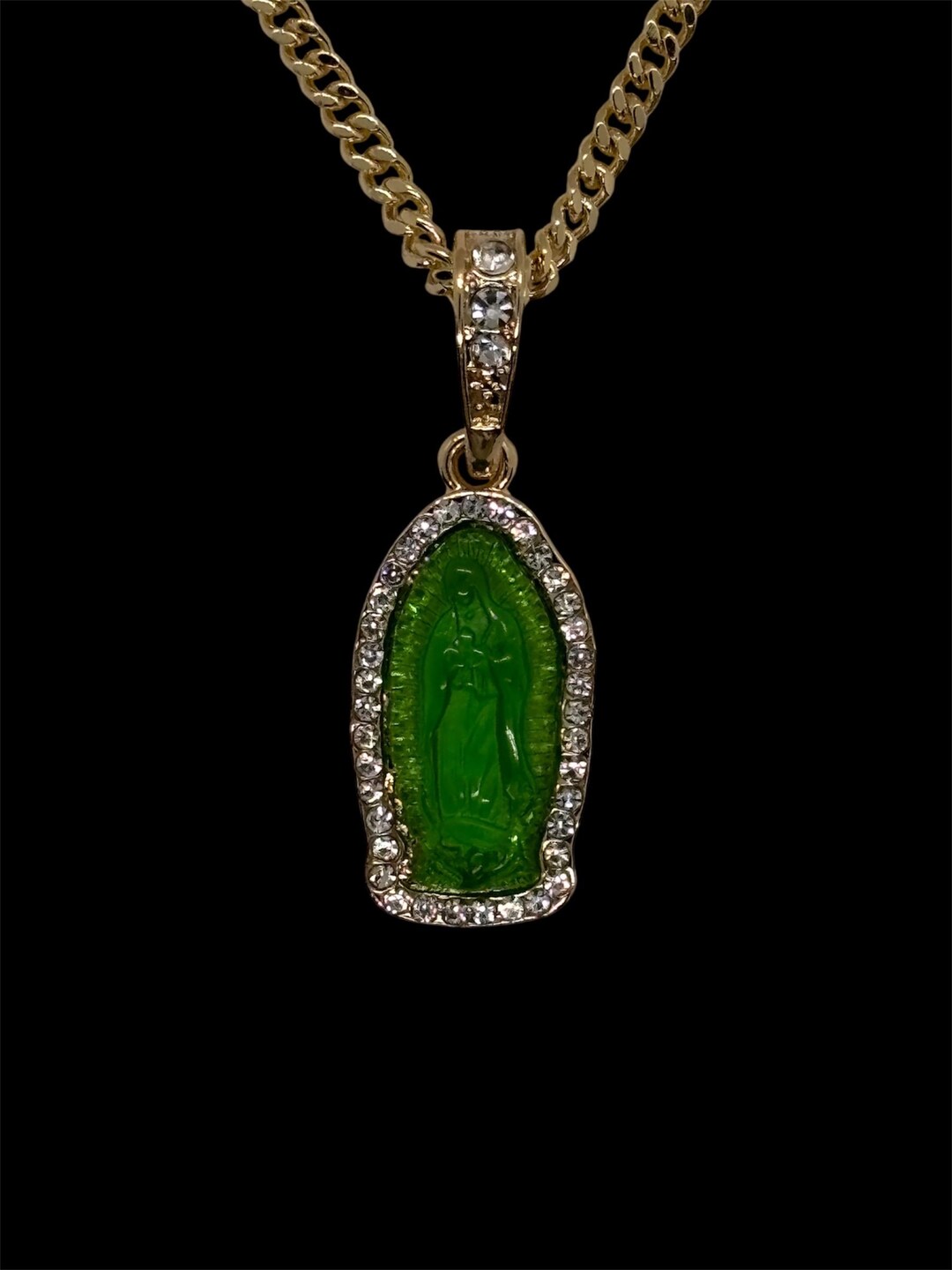 14K Gold Plated Virgin Mary Pendant Artificial Green Jade Charm ...