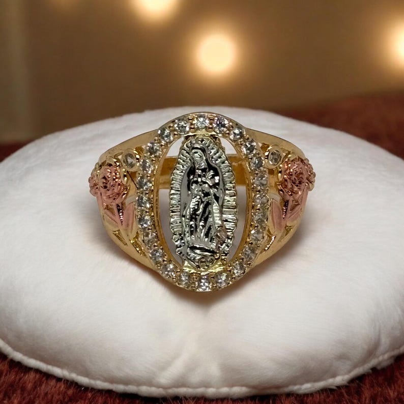 Virgen Deguadalupe Tri Gold CZ Ring Gold Plated Jewelry Anillo De La ...