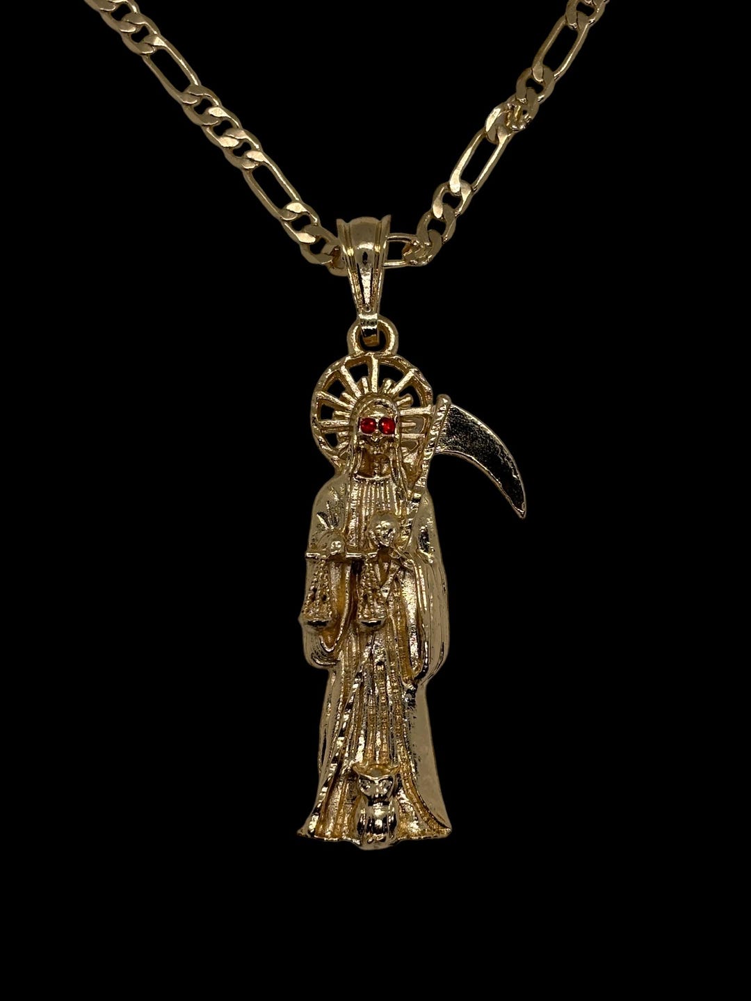 14k Gold Plated Santa Muerte Necklace - Ruby Eyes & CZ - Etsy